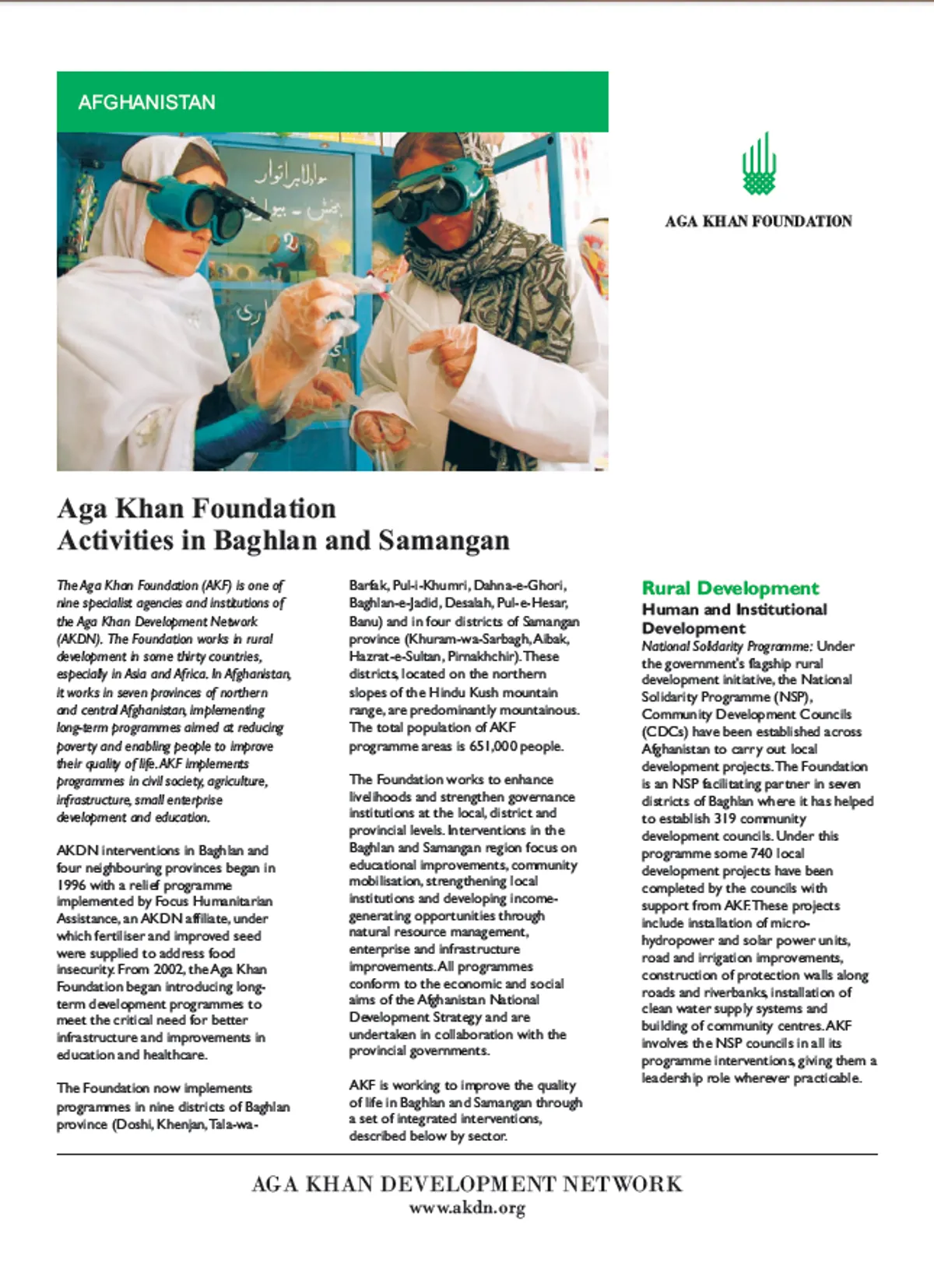 Aga Khan Foundation activities in Baghlan and Samangan, Afghanistan